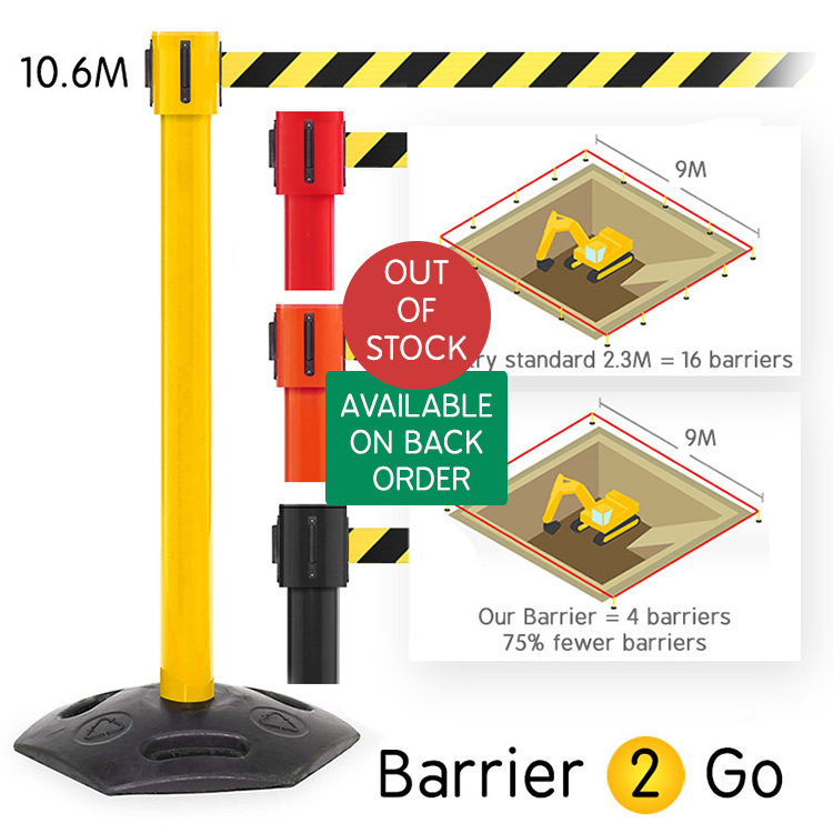 Extra Long Heavy Duty Retractable Belt Barrier Post 10.6M | Barrier 2 Go